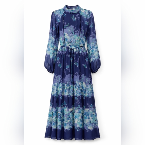 Maison Tara | Dresses | Maison Tara Long Sleeve Blue Floral Midi Dress ...